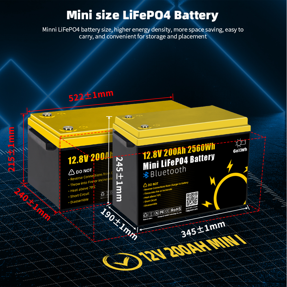 GoKWh 12V 200Ah Mini Bluetooth LiFePO4 Battery - Lightning